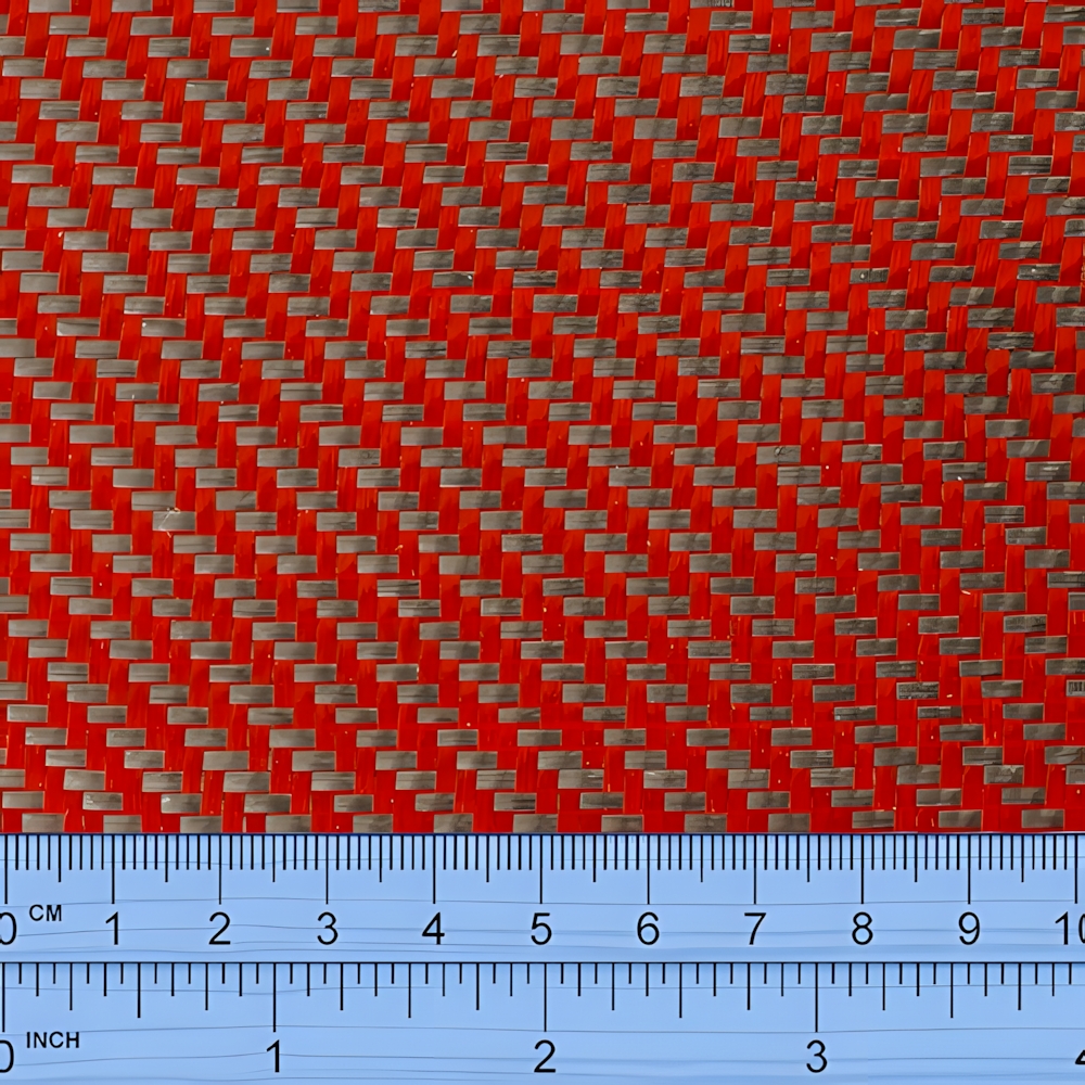 Carbon Fibre / Red Polyester 210g Twill weave - 1mt wide