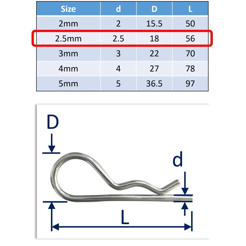 R-Clip (Spring Cotter Pins) A4 316 Stainless Steel - 2.5mm