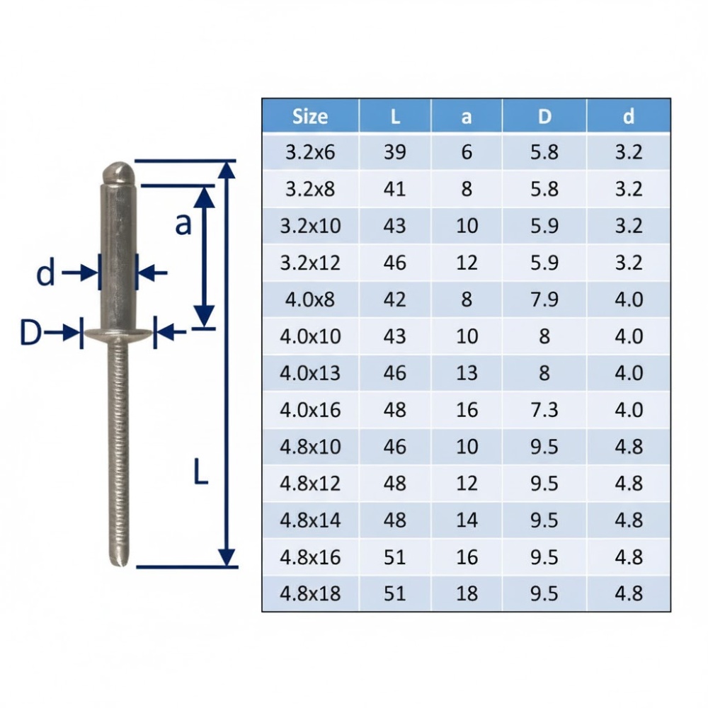 316 Stainless Steel Pop Rivet - 3.2 x 12mm